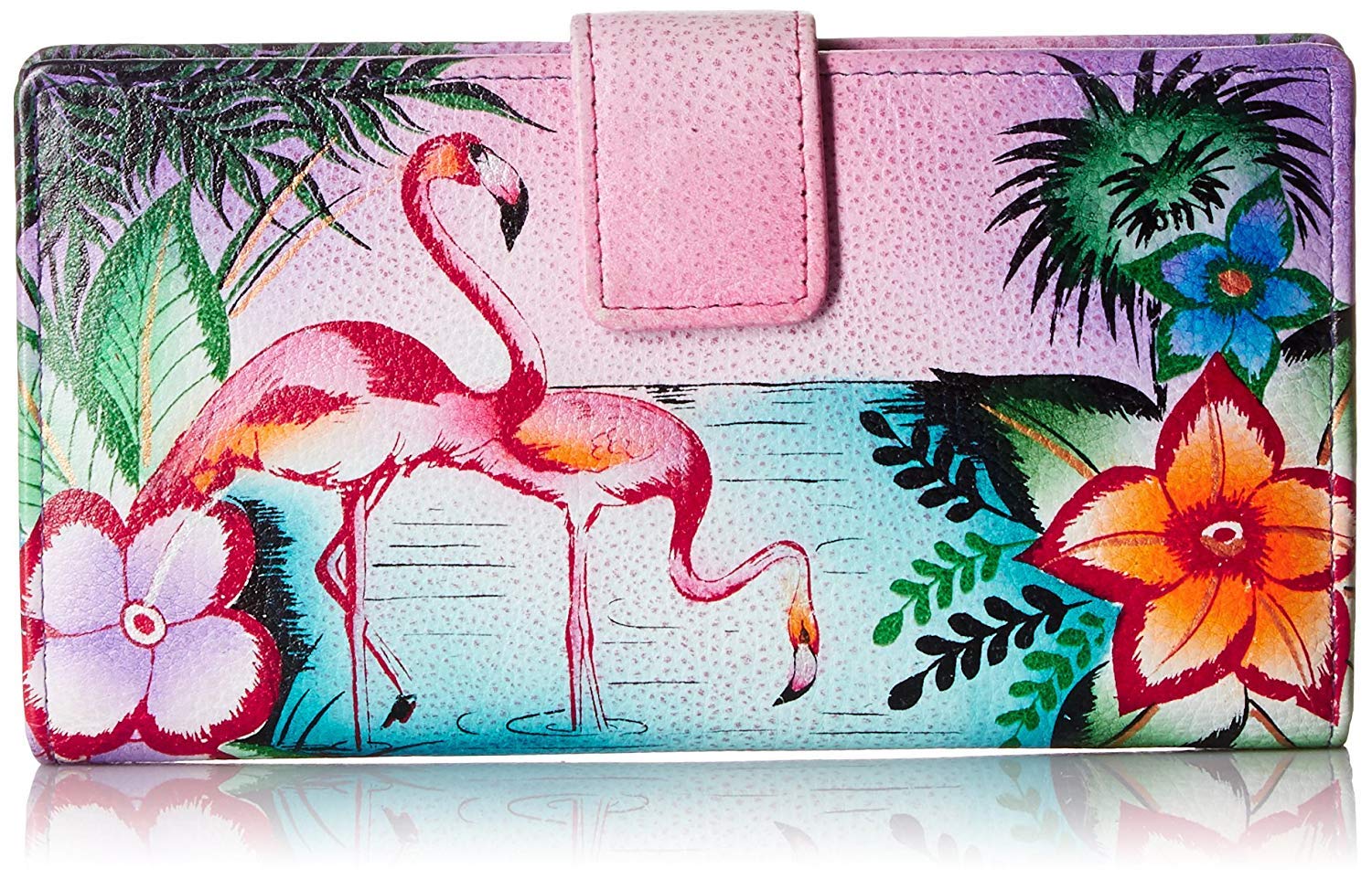 Anna by Anuschka Women’s Hand-Painted Genuine Leather Two Fold Wallet - Tropical Flamingos