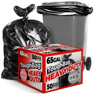 toughbag 64-65 gallon industrial trash bags, 50 x 60” large black garbage bags (50 count) – 60 gallon trash bags, outdoor garbage can liner for custodians, landscapers, contractors - made in usa