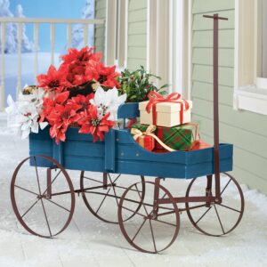 Collections Etc Amish Wagon Decorative Indoor/Outdoor Garden Backyard Planter, Blue