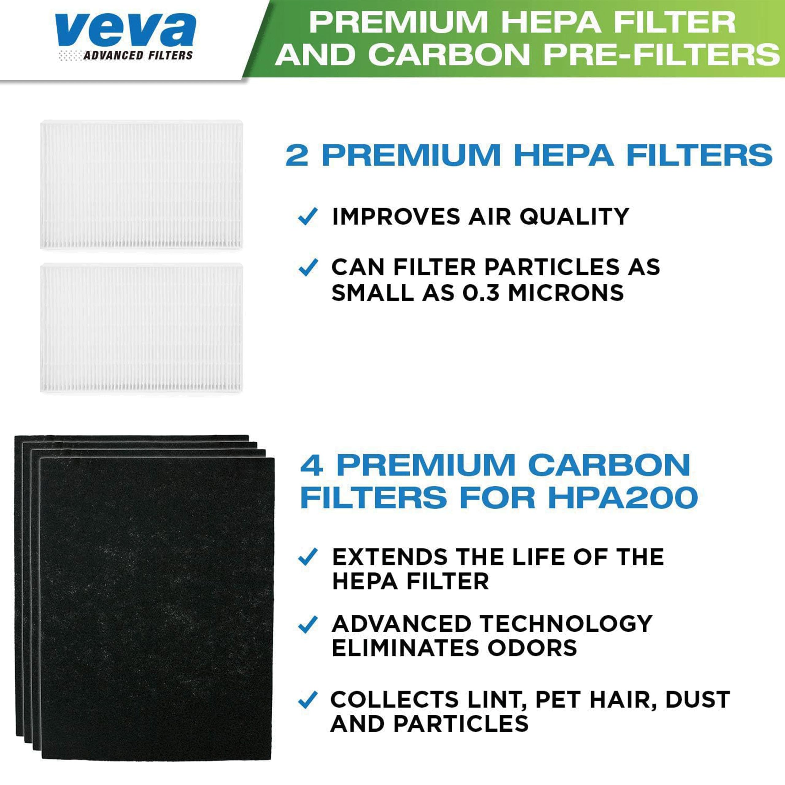 VEVA HEPA Filter Replacement 6 Pack - Includes 2 Premium, Precut HEPA Filters and 4 Carbon Air Purifier Filter Replacements - Compatible w/ HPA200, 202, 204, 250B and Filter R