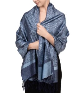 achillea two tone vintage jacquard paisley pashmina shawl wrap scarf (steel blue)