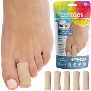 zentoes 5 pack toe caps closed toe fabric sleeve protectors with gel lining, prevent corn, callus, blister development between toes, soften and soothe the skin (size medium)