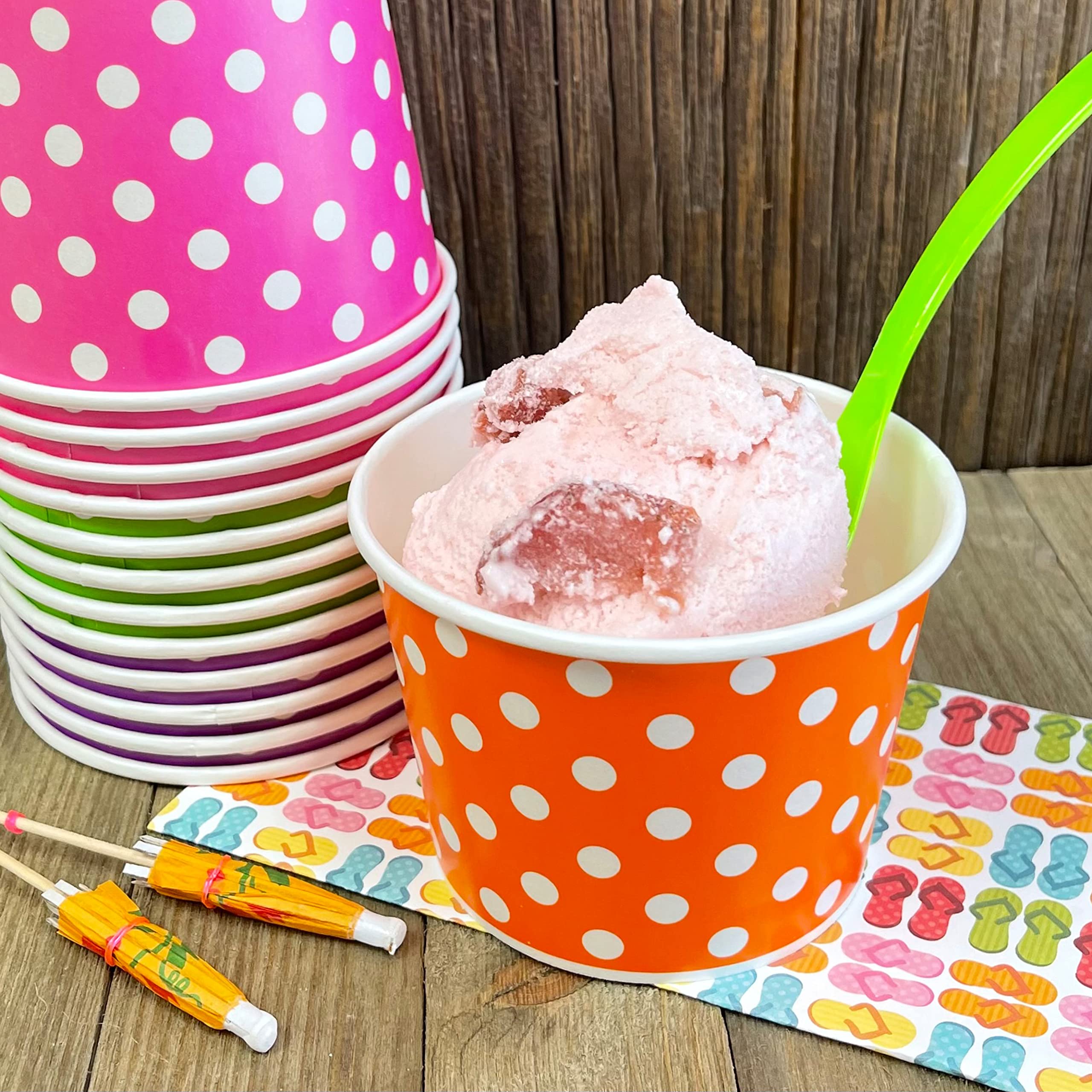 12 Ounce Disposable Paper Treat Cups Ice Cream Bowls -Plastic Spoons - Paper Straws - Ice Cream Sundae Kit for 24 - Blue, Pink, Orange, Yellow, Green, Red, Purple