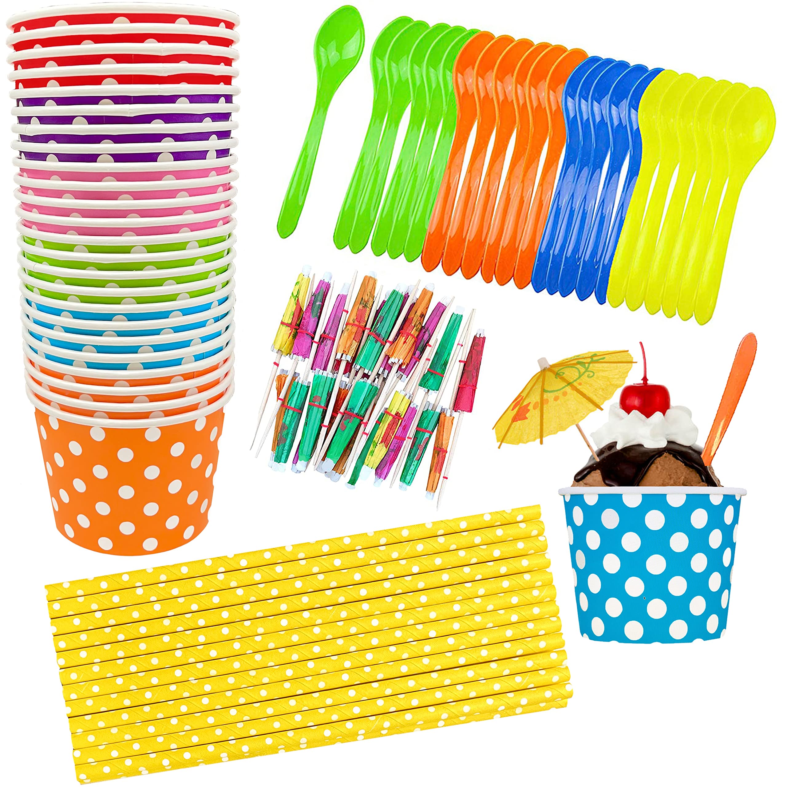 12 Ounce Disposable Paper Treat Cups Ice Cream Bowls -Plastic Spoons - Paper Straws - Ice Cream Sundae Kit for 24 - Blue, Pink, Orange, Yellow, Green, Red, Purple