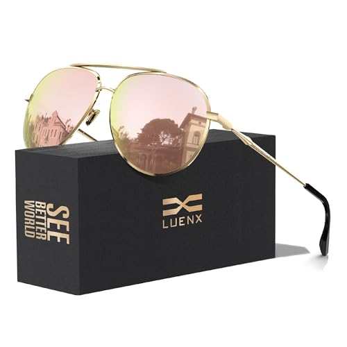 LUENX Aviator Sunglasses for Women Polarized - Driving Trendy Sun Glasses UV 400 Protection Pink Mirror Lens Gold Frame 60mm