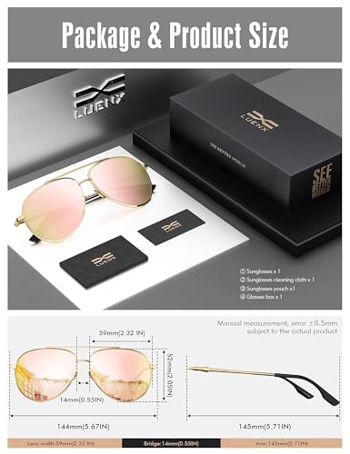 LUENX Aviator Sunglasses for Women Polarized - Driving Trendy Sun Glasses UV 400 Protection Pink Mirror Lens Gold Frame 60mm