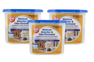 arm & hammer moisture absorber & odor eliminator 14oz tub, 3 pack - eliminates musty odors & freshens air for closets, laundry rooms, mud rooms, white