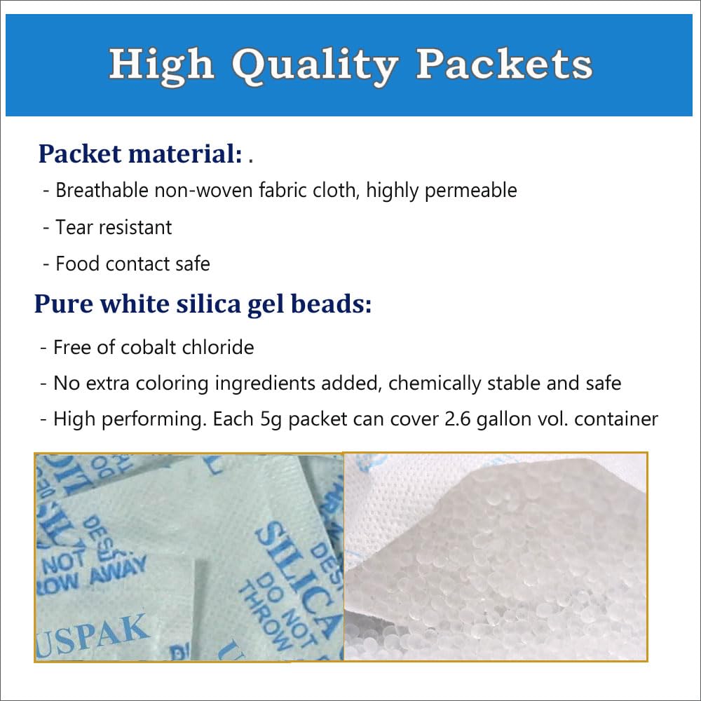 USPak Silica Gel Desiccant Packs 5 Gram 50 Packets Drying Agent Moisture Absorber Dehumidifiers for Storage Food Safes