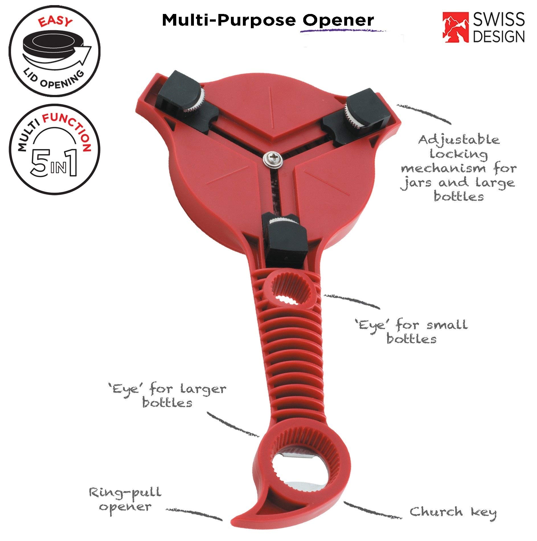 Kuhn Rikon 5-in-1 Multi-Purpose Strain-Free Opener for Jars, Bottles and Ring-Pull Cans, 5 x 10 x 2.25 inches, Red