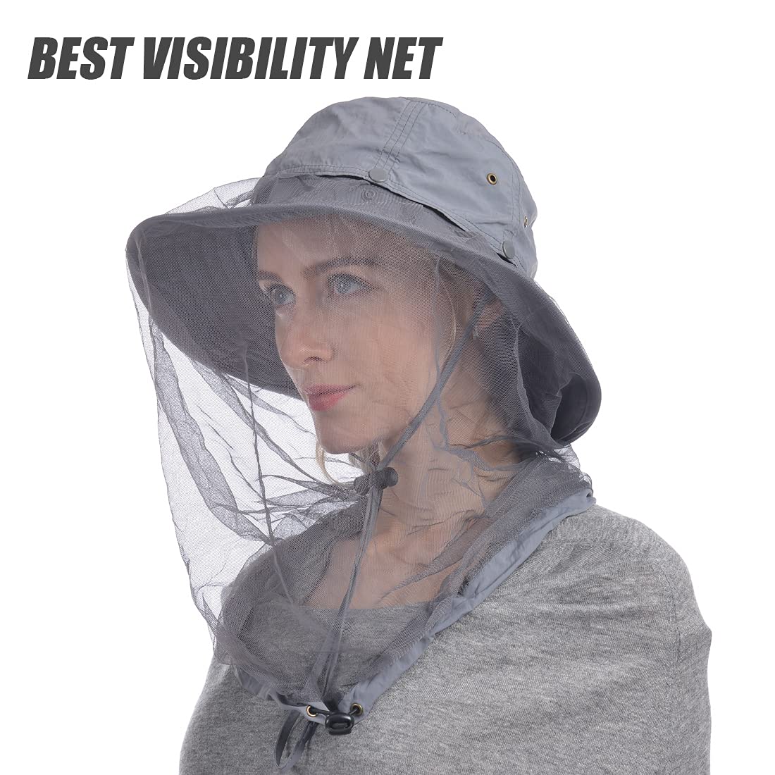 USHAKE Head Net Hat, Safari Hat Sun Hat Bucket Hat with Hidden Net Mesh Grey