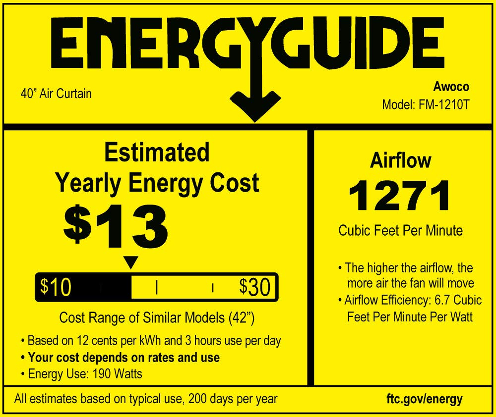 Awoco 40" FM-1210T 1250 CFM Slim Indoor Air Curtain, CE Certified, 120V Unheated with Remote Control and Magnetic Switch, Powerful, Quiet, Small Body, Light Weight