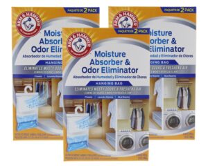 arm & hammer moisture absorber & odor eliminator 16oz hanging bag, 3 pack (6 bags total) – eliminates musty odors & freshens air for closets, laundry rooms, mud rooms