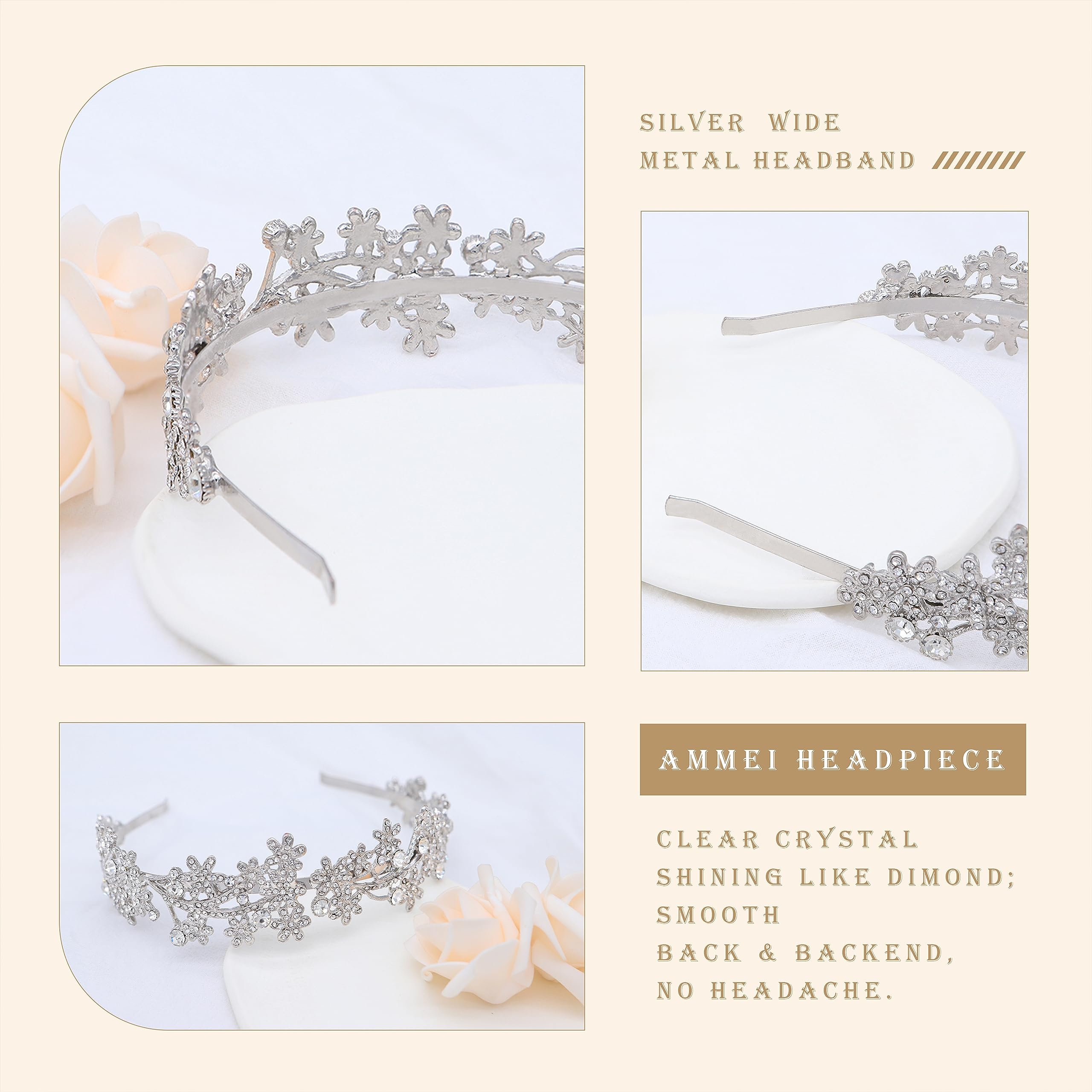 Ammei Headpiece Wedding Headband Crystal Bridal Headdress Flower Design Headpiece For Women (Silver)