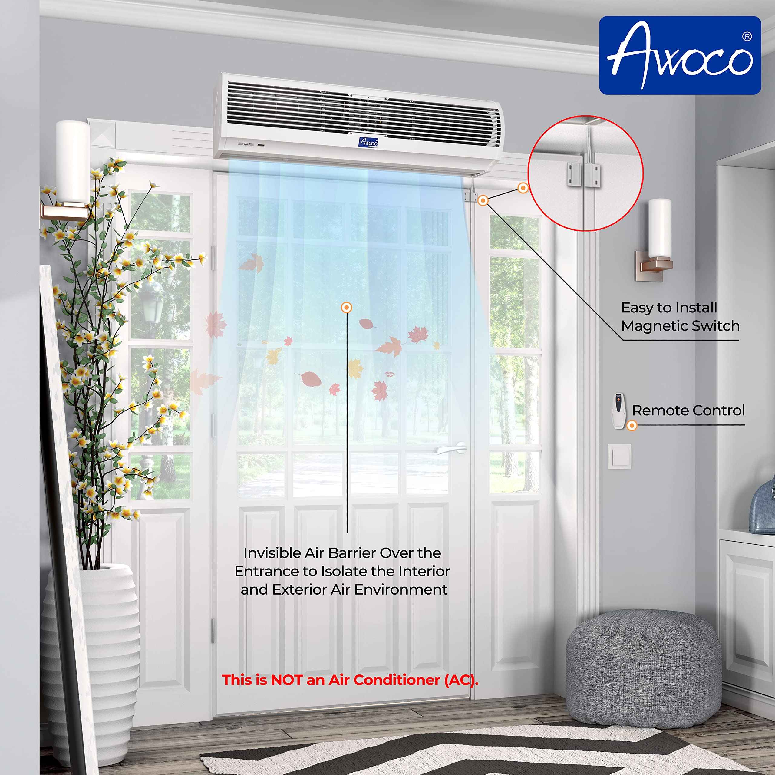 Awoco 40" FM-1210T 1250 CFM Slim Indoor Air Curtain, CE Certified, 120V Unheated with Remote Control and Magnetic Switch, Powerful, Quiet, Small Body, Light Weight