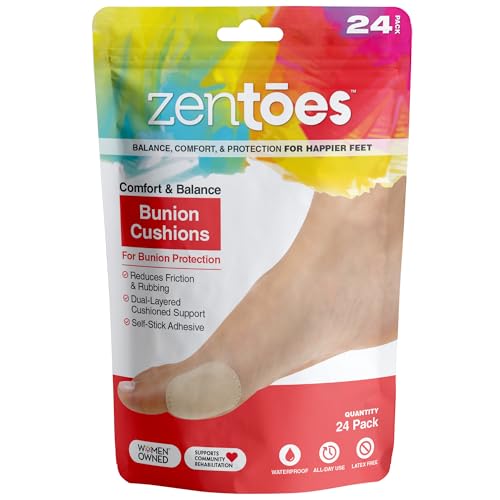 ZenToes Bunion Pain Relief Pads to Wear with Shoes - Moleskin Guards Protect Feet for Men and Women, All-Day Water-Resistant Self-Stick Adhesive - 24 Cushions