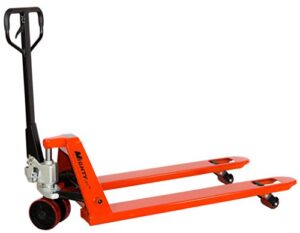 mighty lift ml55-2 heavy duty pallet jack truck, wheels: polyurethane on steel., 50" height, 27" width, 48" length, 5500 lbs. load capacity, orange