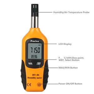 Preciva Digital Psychrometer Thermo-Hygrometer, LCD Mini Temperature and Humidity Meter with Dew Point and Wet Bulb Temperature Hygrometer for Industry, Agriculture, Meteorology (9V Battery Included)