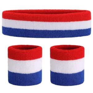 onupgo sweatband set premium sports headband wristband set sweatbands terry cloth wristband wrist sweatband headbands moisture wicking sweat absorbing head band red/white/blue