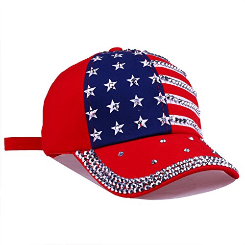 USA Bling Baseball Cap Sparkle American Flag Hat for Men Women Hip Hop Caps (Red)