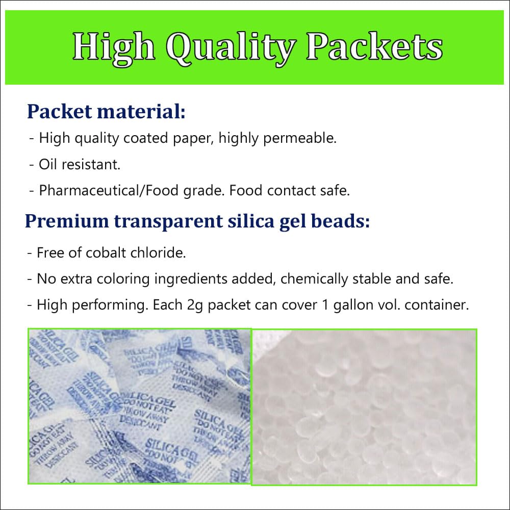 Silica Gel Packs 100 Packets 2 Gram Desiccant Moisture Absorber Oil Resistant for Food Storage Safes