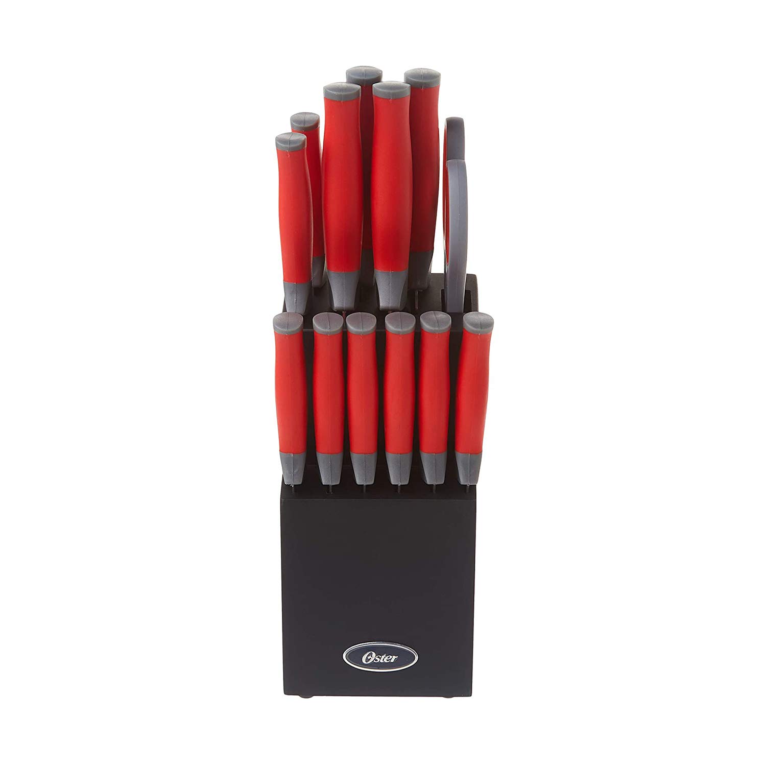 Oster Lindbergh 14 Piece Stainless Steel Cutlery Black Block Set, Red Handles (Pack of 1)