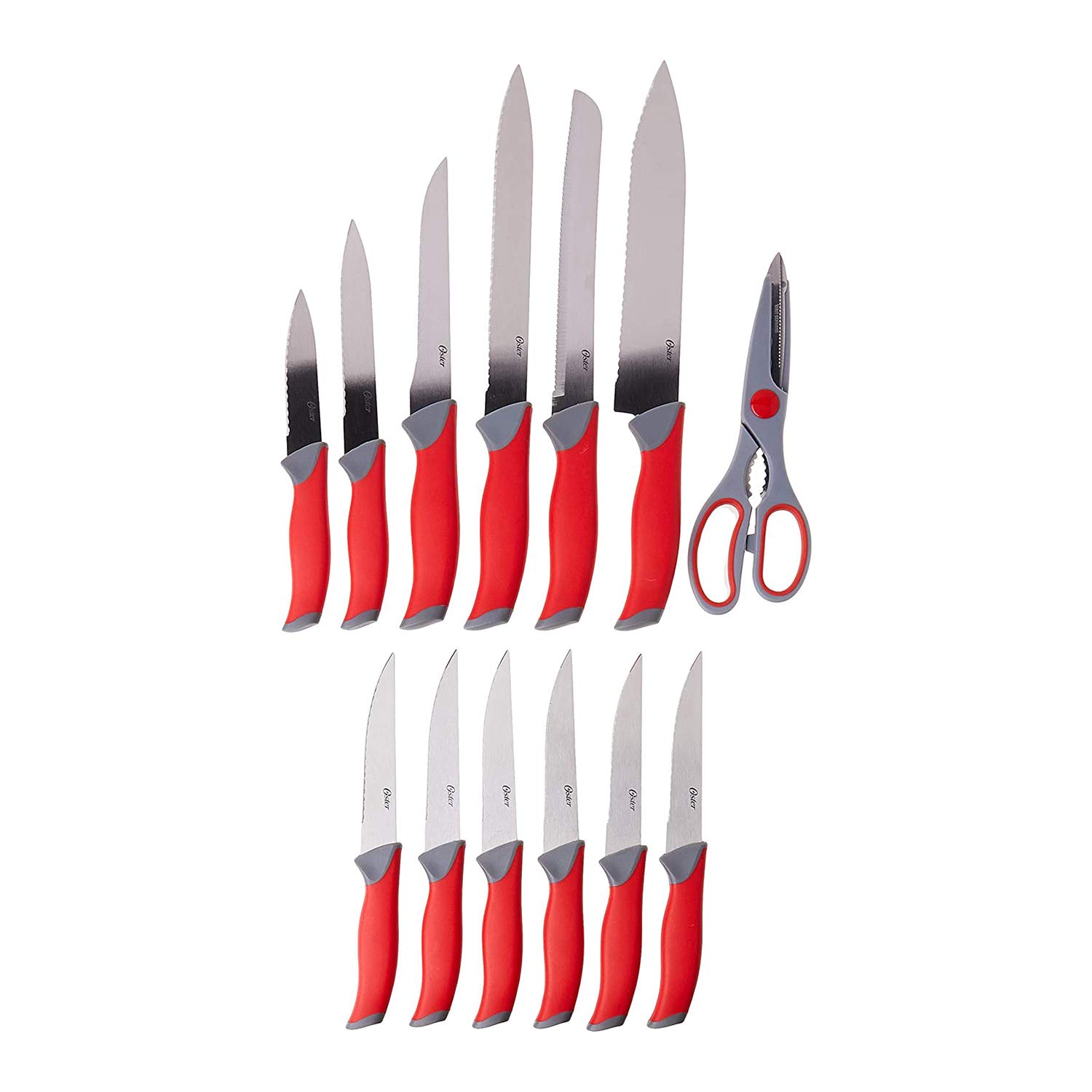 Oster Lindbergh 14 Piece Stainless Steel Cutlery Black Block Set, Red Handles (Pack of 1)