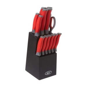 oster lindbergh 14 piece stainless steel cutlery black block set, red handles (pack of 1)