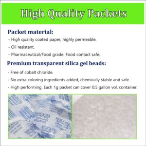 Premium Silica Gel Desiccant Packs 1 Gram 100 Packets Moisture Absorbers Dehumidifier Oil Resistant Food Pharmaceutical Contact Safe for Storage