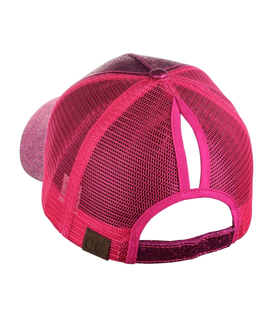 C.C Ponycap Messy High Bun Ponytail Adjustable Glitter Mesh Trucker Baseball Cap, Hot Pink