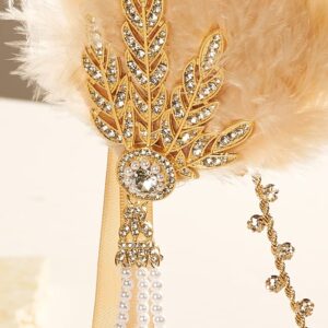 BABEYOND Art Deco 1920's Flapper Great Gatsby Inspired Leaf Medallion Pearl Headband Feather (Gold and Champagne Feather)