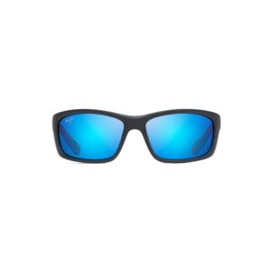 maui jim men's and women's kanaio coast polarized wrap sunglasses, matte trans. blue black stripe/blue hawaii, medium