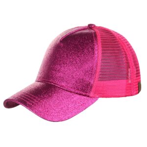 C.C Ponycap Messy High Bun Ponytail Adjustable Glitter Mesh Trucker Baseball Cap, Hot Pink