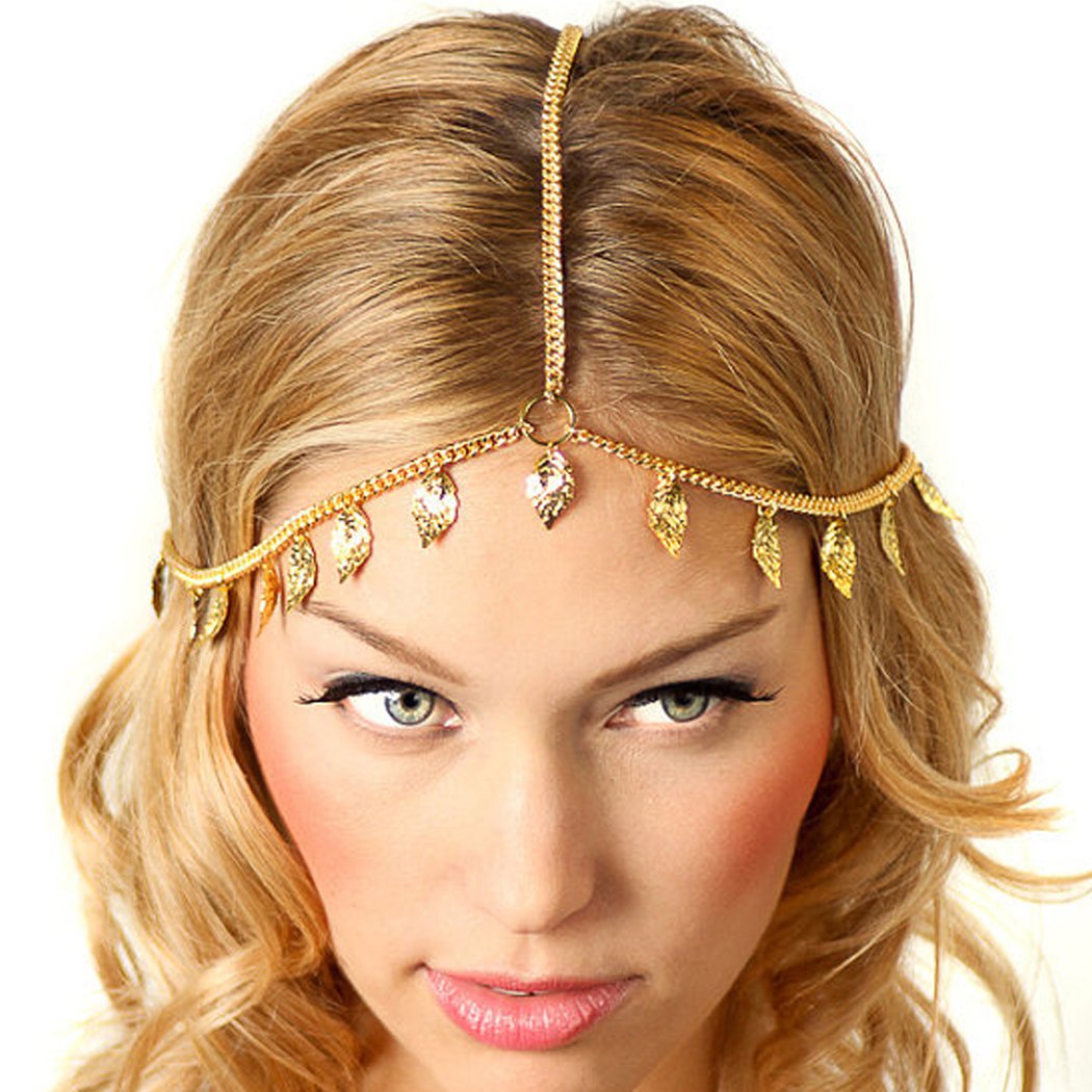 Jovono Boho Hair Chain Gold Leaf Head Chain Headpiece Tassel Greek Costume Hair Accessories for Women and Girls