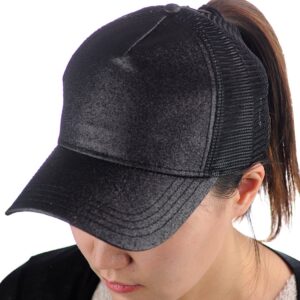 C.C Ponycap Messy High Bun Ponytail Adjustable Glitter Mesh Trucker Baseball Cap, Black