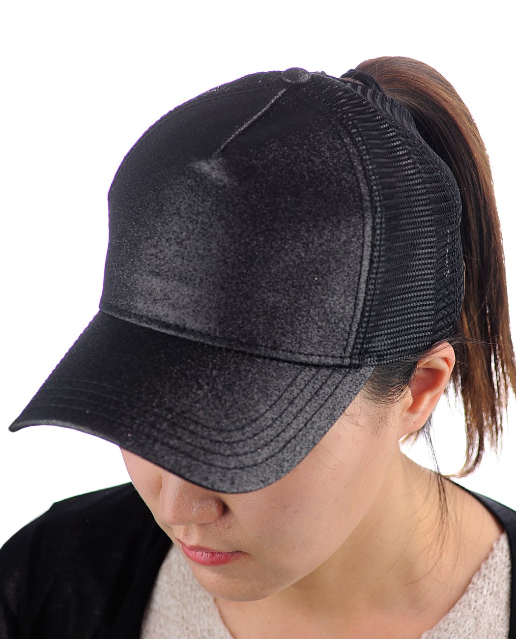 C.C Ponycap Messy High Bun Ponytail Adjustable Glitter Mesh Trucker Baseball Cap, Black