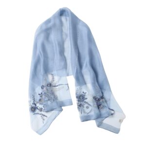 Jeelow Silk Wool Fashion Scarf Shawl Wrap Lightweight Sheer For Women Floral Embroidery Wedding Party Prom (Blue Floral)