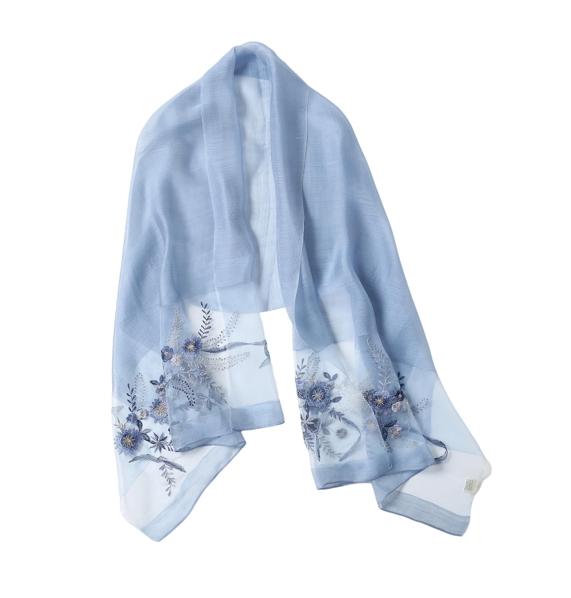 Jeelow Silk Wool Fashion Scarf Shawl Wrap Lightweight Sheer For Women Floral Embroidery Wedding Party Prom (Blue Floral)