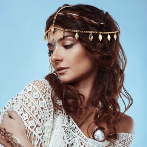 Jovono Boho Hair Chain Gold Leaf Head Chain Headpiece Tassel Greek Costume Hair Accessories for Women and Girls