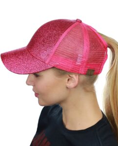 c.c ponycap messy high bun ponytail adjustable glitter mesh trucker baseball cap, hot pink