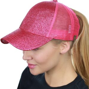 C.C Ponycap Messy High Bun Ponytail Adjustable Glitter Mesh Trucker Baseball Cap, Hot Pink