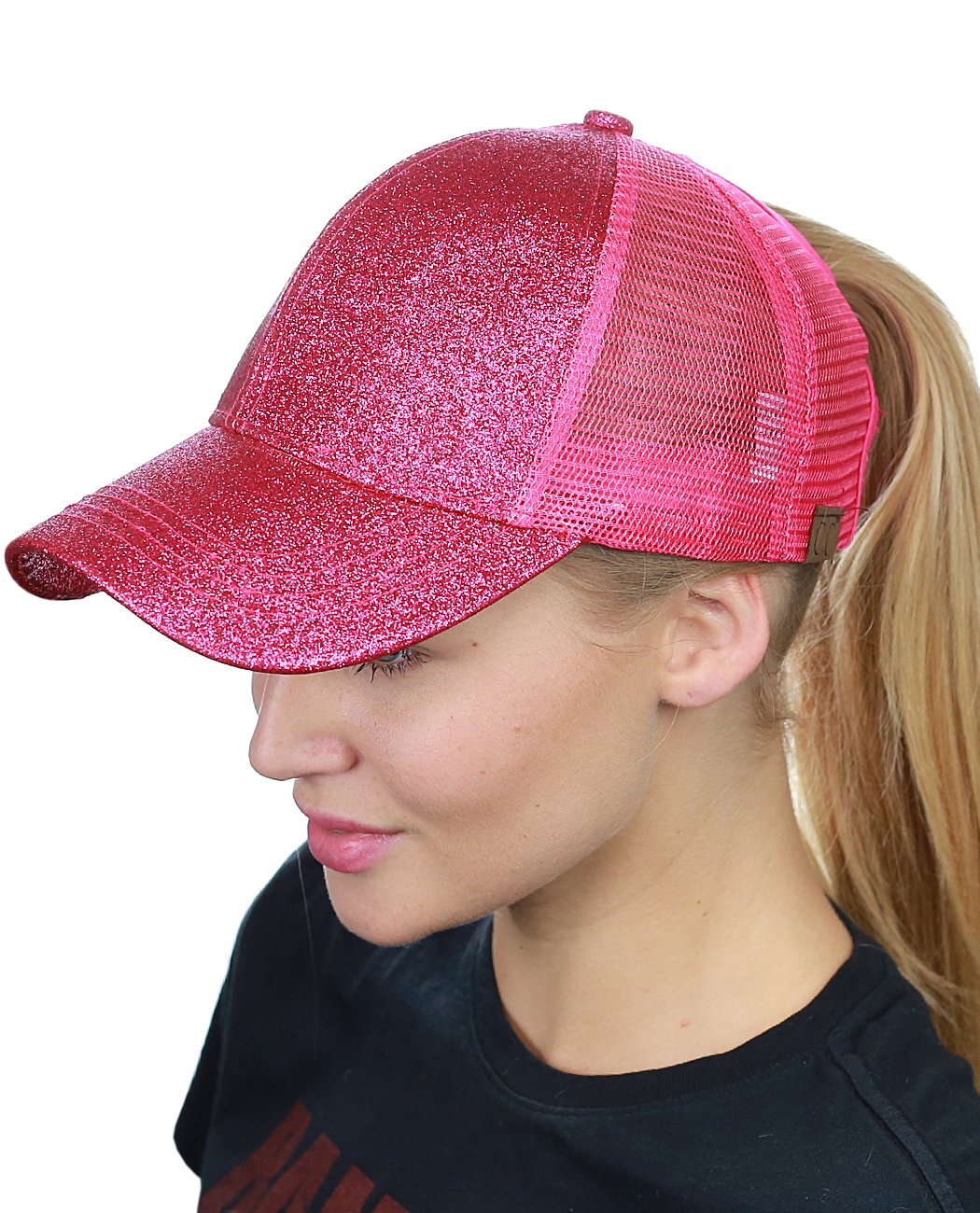 C.C Ponycap Messy High Bun Ponytail Adjustable Glitter Mesh Trucker Baseball Cap, Hot Pink