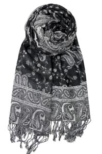 achillea soft silky reversible paisley pashmina shawl wrap scarf w/fringes (black white)