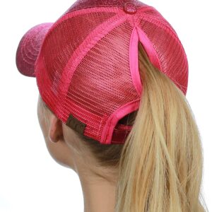 C.C Ponycap Messy High Bun Ponytail Adjustable Glitter Mesh Trucker Baseball Cap, Hot Pink