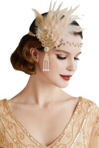 babeyond art deco 1920's flapper great gatsby inspired leaf medallion pearl headband feather (gold and champagne feather)