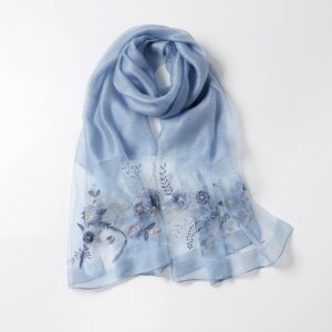 Jeelow Silk Wool Fashion Scarf Shawl Wrap Lightweight Sheer For Women Floral Embroidery Wedding Party Prom (Blue Floral)