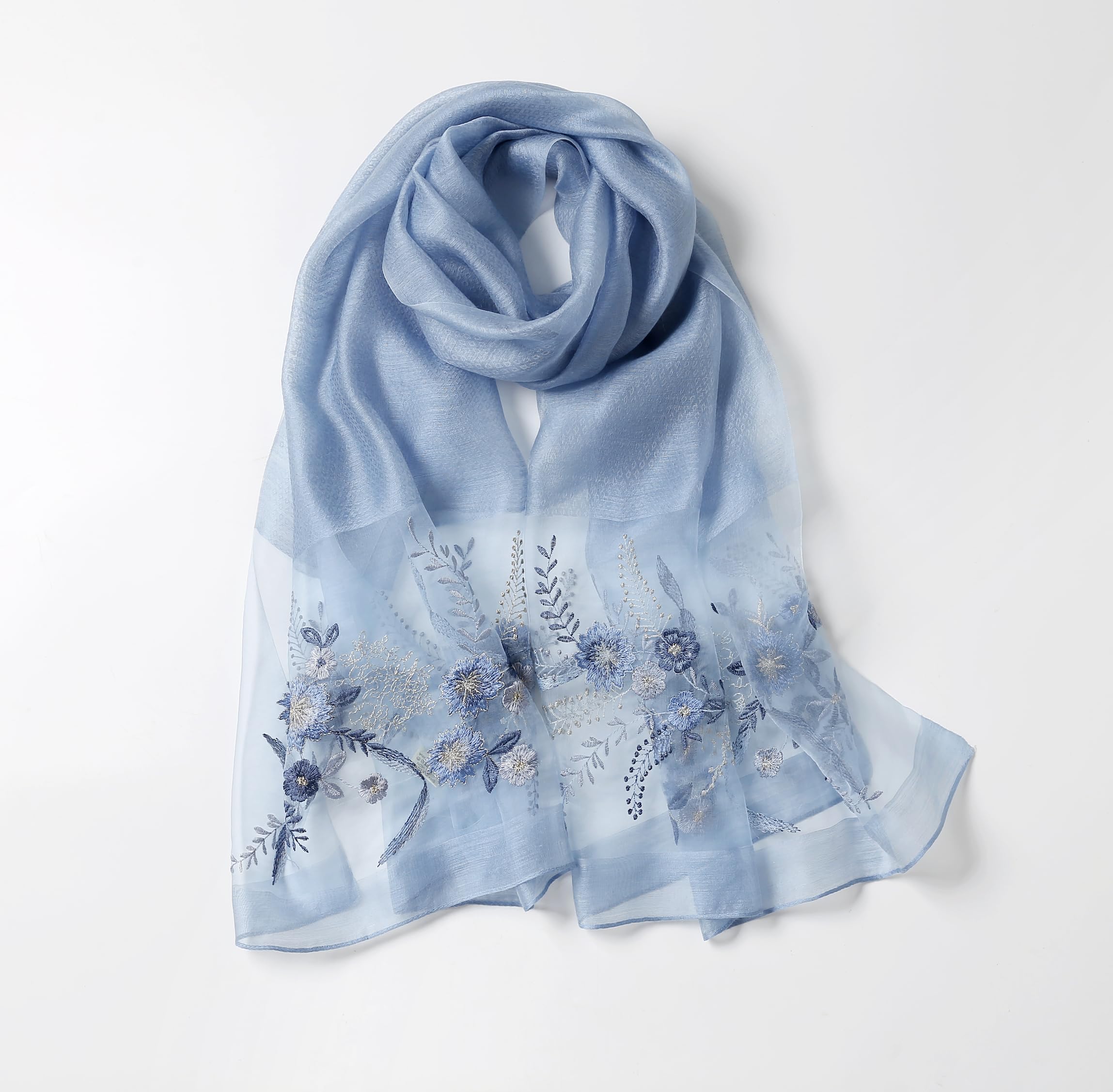 Jeelow Silk Wool Fashion Scarf Shawl Wrap Lightweight Sheer For Women Floral Embroidery Wedding Party Prom (Blue Floral)