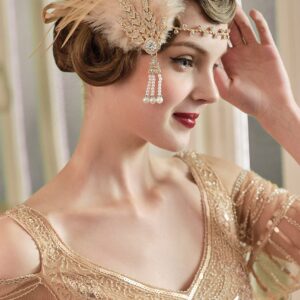 BABEYOND Art Deco 1920's Flapper Great Gatsby Inspired Leaf Medallion Pearl Headband Feather (Gold and Champagne Feather)