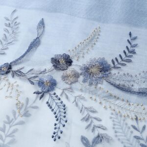 Jeelow Silk Wool Fashion Scarf Shawl Wrap Lightweight Sheer For Women Floral Embroidery Wedding Party Prom (Blue Floral)