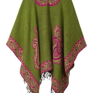 Women's Fashionable Retro Style Vintage Pattern Tassel Poncho Shawl Cape (series 2-Green)