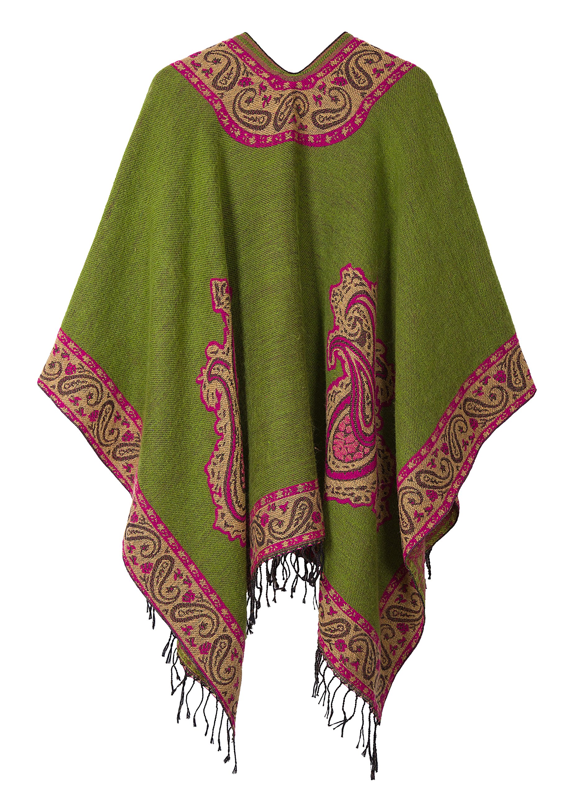 Women's Fashionable Retro Style Vintage Pattern Tassel Poncho Shawl Cape (series 2-Green)